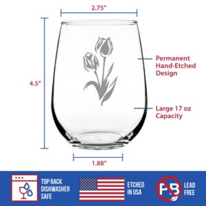 Tulip Stemless Wine Glass - Floral Themed Decor and Gifts for Flower Lovers - Large 17 Oz Glasses