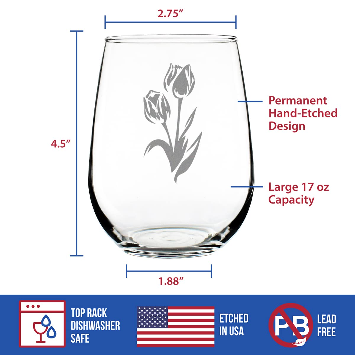 Tulip Stemless Wine Glass - Floral Themed Decor and Gifts for Flower Lovers - Large 17 Oz Glasses