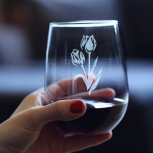 Tulip Stemless Wine Glass - Floral Themed Decor and Gifts for Flower Lovers - Large 17 Oz Glasses