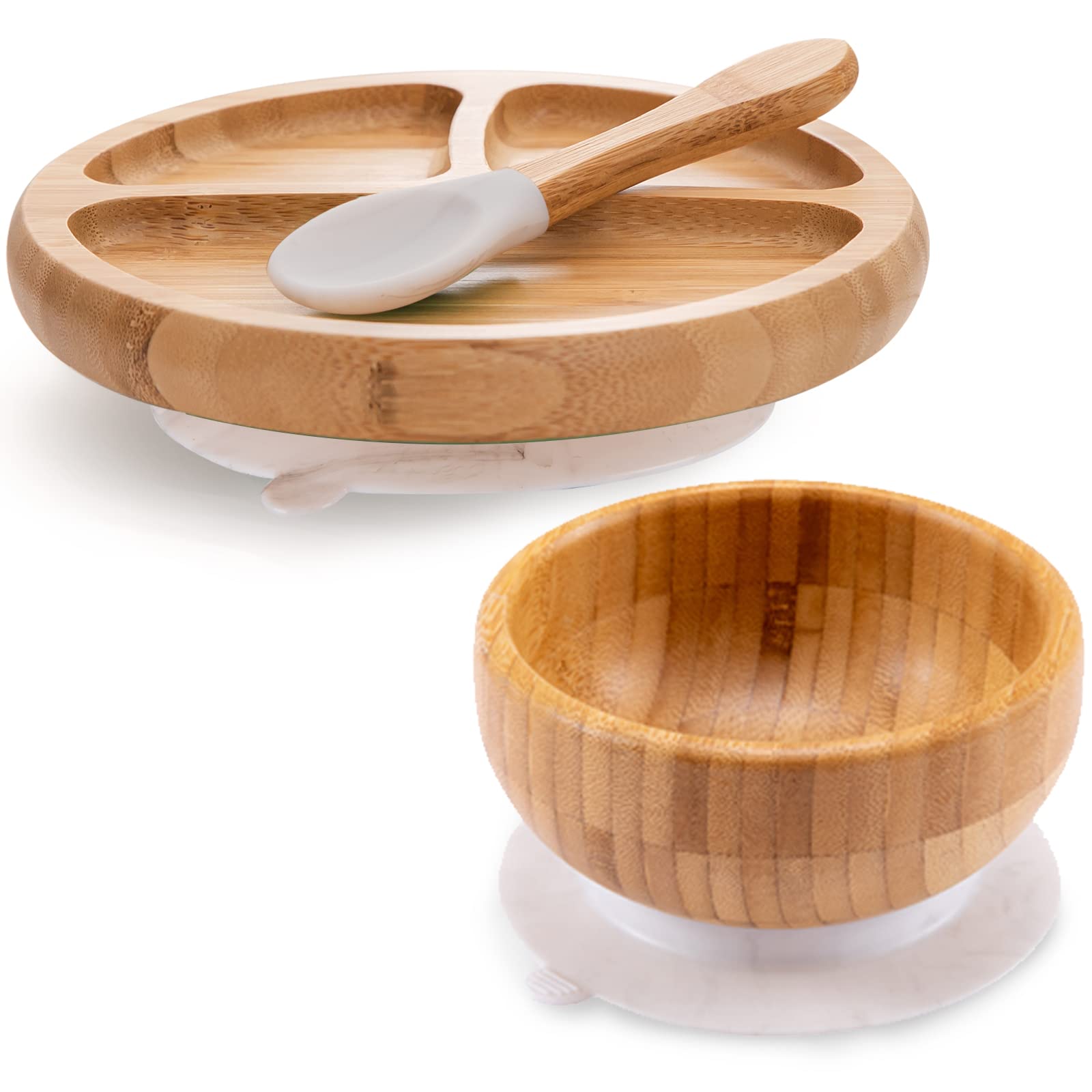 Baby Divided Bamboo Plates, Bowls with Suction and Matching Spoon Set - 3 Piece Feeding Supplies Set for Infant, Toddlers - Detachable Silicone Suction Stay Put Base for Wooden Bowl, Plate - BPA Free