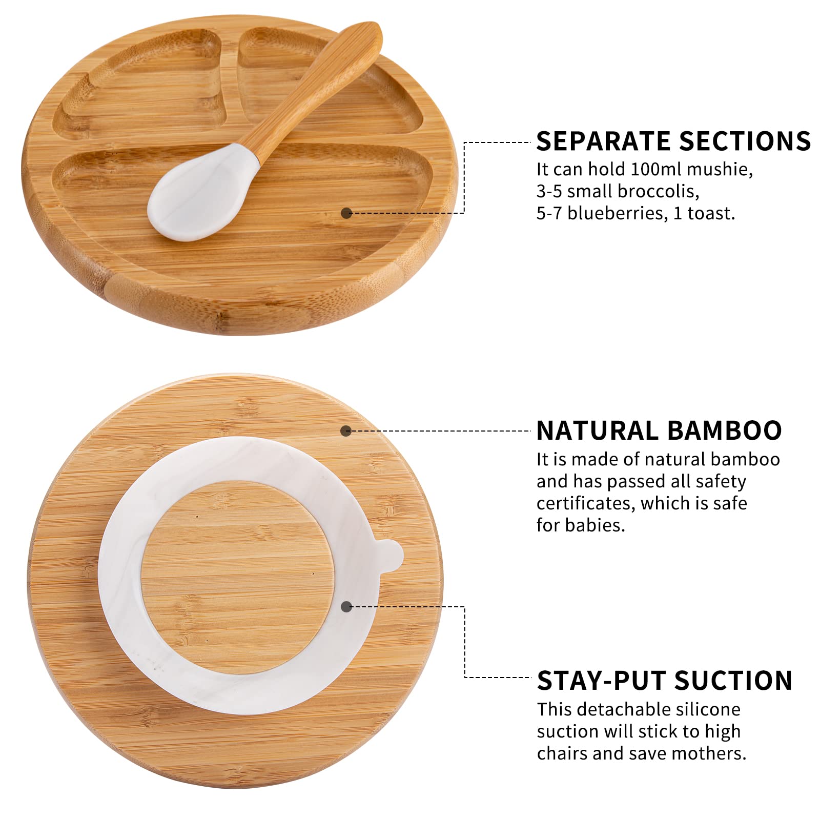 Baby Divided Bamboo Plates, Bowls with Suction and Matching Spoon Set - 3 Piece Feeding Supplies Set for Infant, Toddlers - Detachable Silicone Suction Stay Put Base for Wooden Bowl, Plate - BPA Free