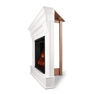 BOWERY HILL Contemporary Solid Wood Electric Fireplace Mantel Heater with Remote Control, Adjustable Led Flame, 1500W in White