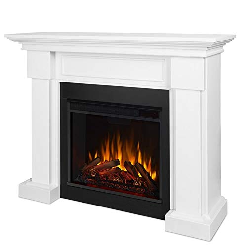 BOWERY HILL Contemporary Solid Wood Electric Fireplace Mantel Heater with Remote Control, Adjustable Led Flame 1500W in White