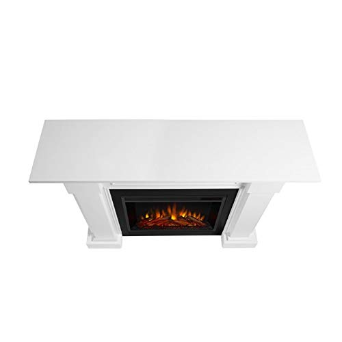 BOWERY HILL Contemporary Solid Wood Electric Fireplace Mantel Heater with Remote Control, Adjustable Led Flame 1500W in White