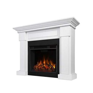 BOWERY HILL Contemporary Solid Wood Electric Fireplace Mantel Heater with Remote Control, Adjustable Led Flame 1500W in White