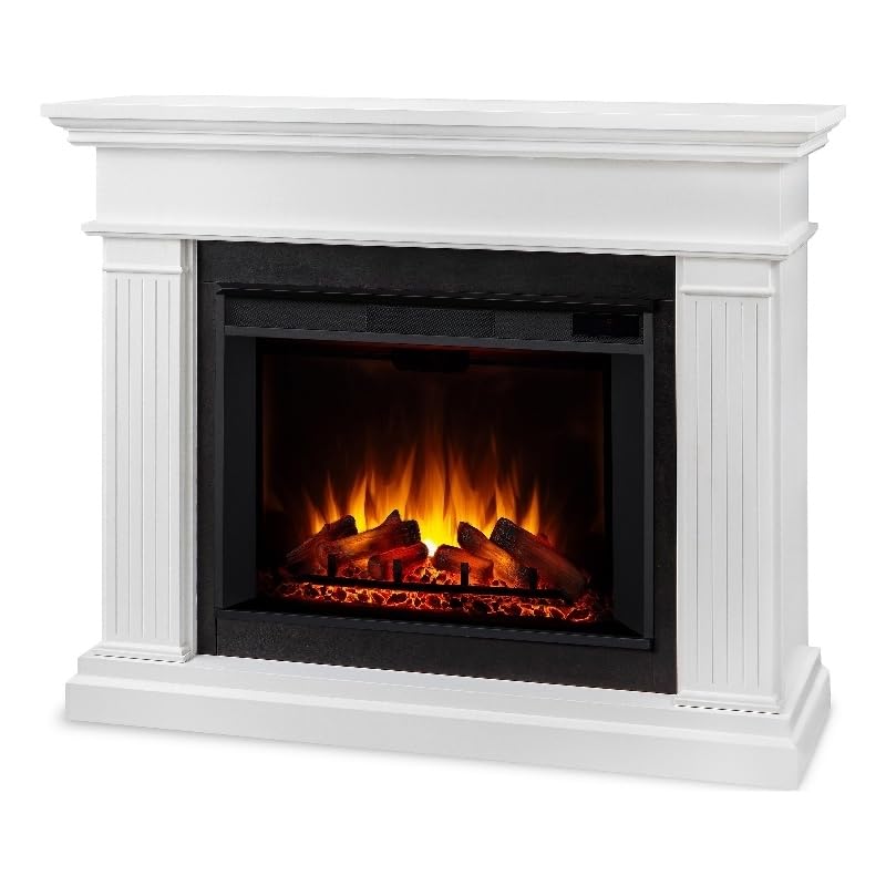 BOWERY HILL Contemporary 55.5" Wooden Surround Heater Electric Solid Wood Fireplace with Remote Control, Adjustable Led Flame, 1500W in White