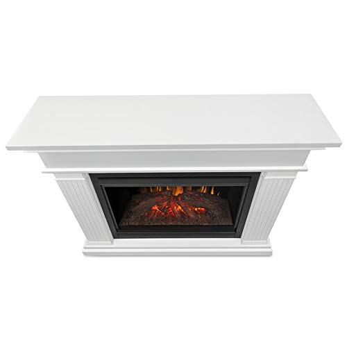 BOWERY HILL Contemporary 55.5" Wooden Surround Heater Electric Solid Wood Fireplace with Remote Control, Adjustable Led Flame, 1500W in White