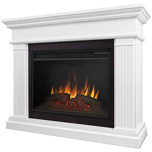 BOWERY HILL Contemporary 55.5" Wooden Surround Heater Electric Solid Wood Fireplace with Remote Control, Adjustable Led Flame, 1500W in White