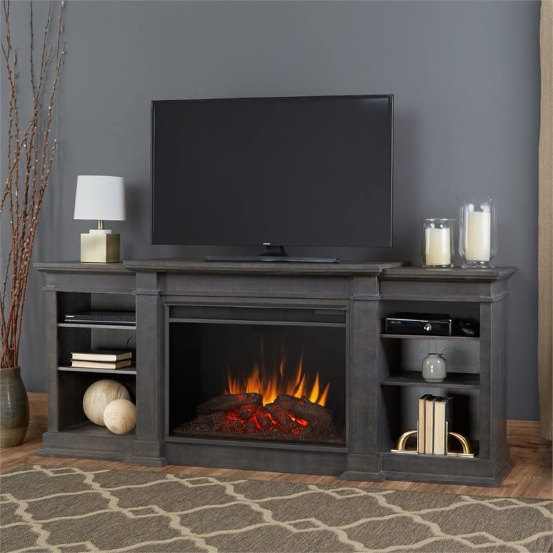 BOWERY HILL Modern 81" Fireplace TV Stand Mantel Heater with Remote Control, Adjustable Led Flame, 1500W in Antique Gray