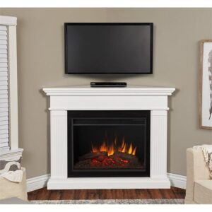 BOWERY HILL Traditional Corner Electric Fireplace Mantel Heater with Remote Control, Adjustable Led Flame 1500W in White