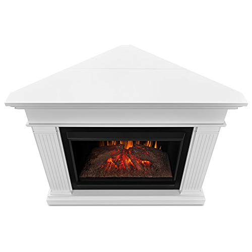 BOWERY HILL Traditional Corner Electric Fireplace Mantel Heater with Remote Control, Adjustable Led Flame 1500W in White