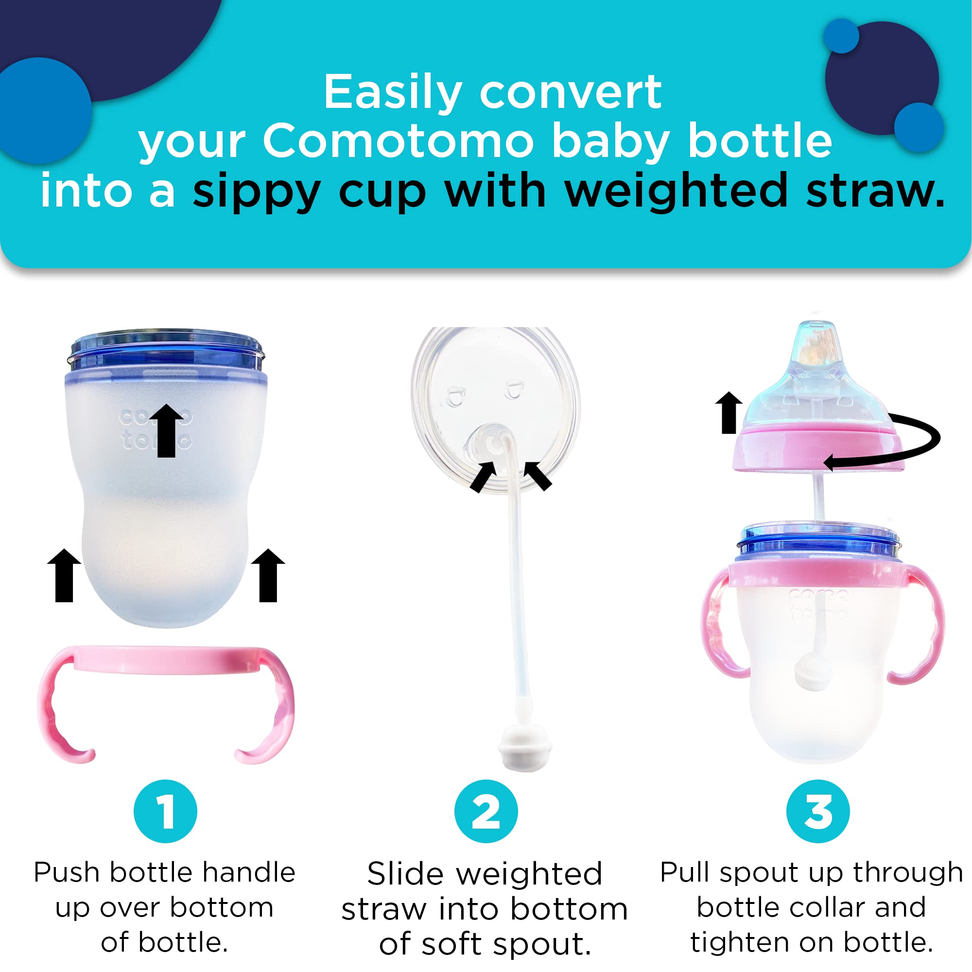 2 Pack Pink Soft Spout Sippy Cup - Transition Sippy Cup Kit for Comotomo 5 & 8 Oz Bottles - Conversion Kit Fits 5 Ounce and 8 Ounce Bottles - Baby Bottle Nipple with Weighted Straw and Bottle Handles