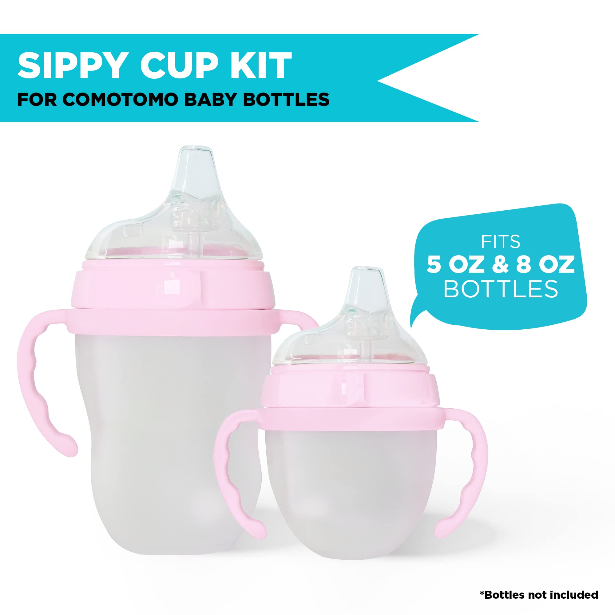 2 Pack Pink Soft Spout Sippy Cup - Transition Sippy Cup Kit for Comotomo 5 & 8 Oz Bottles - Conversion Kit Fits 5 Ounce and 8 Ounce Bottles - Baby Bottle Nipple with Weighted Straw and Bottle Handles