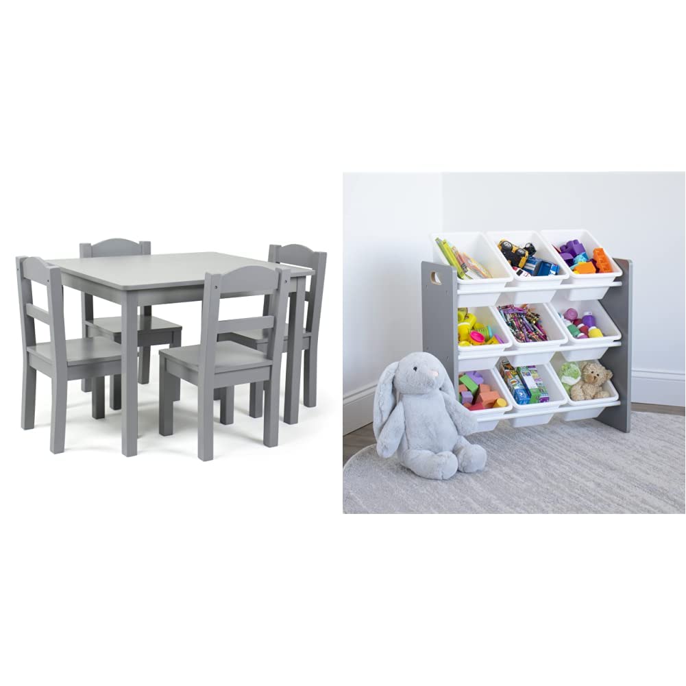 Humble Crew Kids Wood Table and 4 Chair Set, Grey & Grey/White Toy Organizer, 9 Bin Storage, 24" Tall