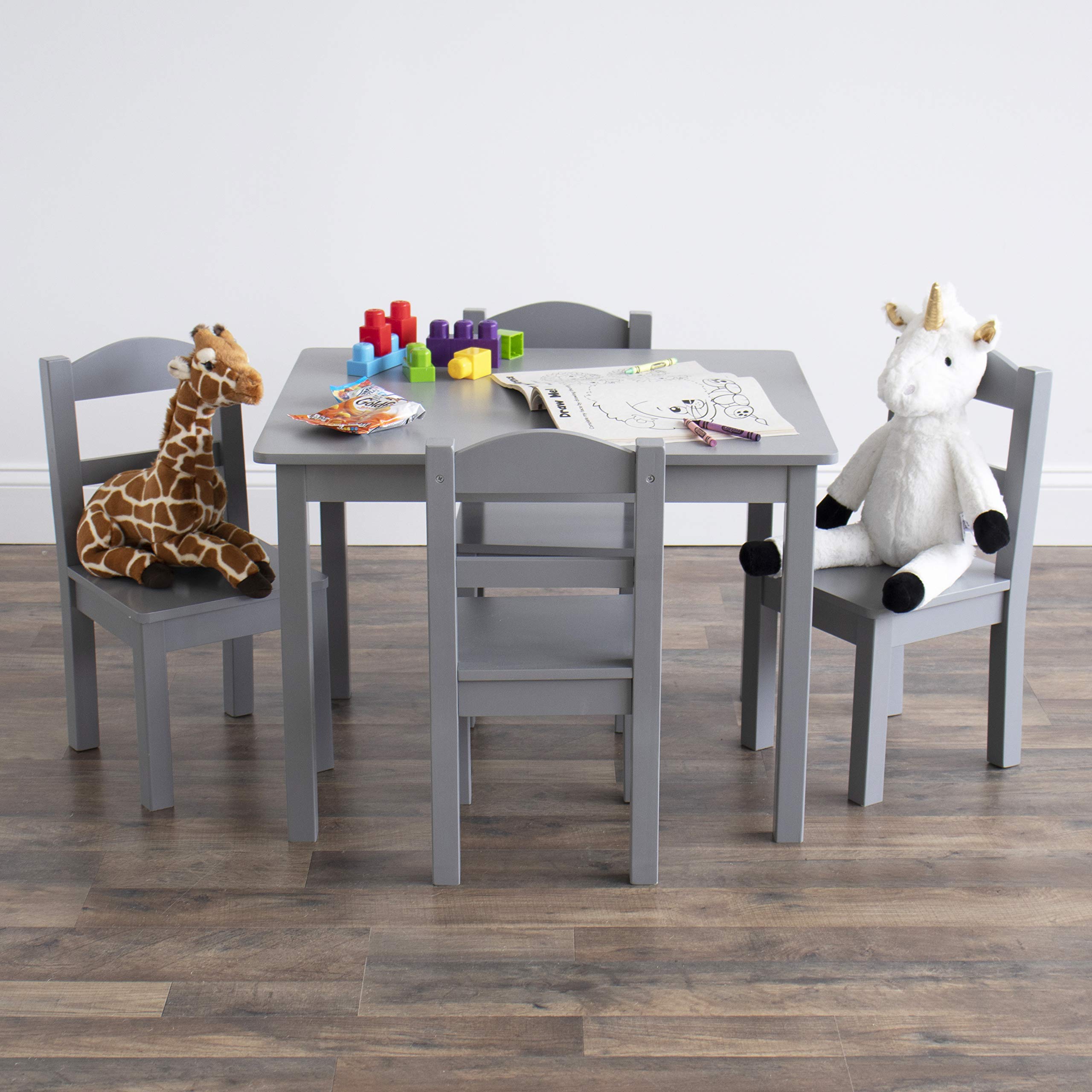 Humble Crew Kids Wood Table and 4 Chair Set, Grey & Grey/White Toy Organizer, 9 Bin Storage, 24" Tall