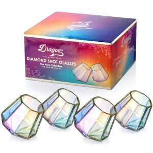 dragon glassware shot glasses, iridescent diamond shaped glass set, cute and unique barware, naturally aerates, dishwasher safe, 2 oz capacity, set of 4