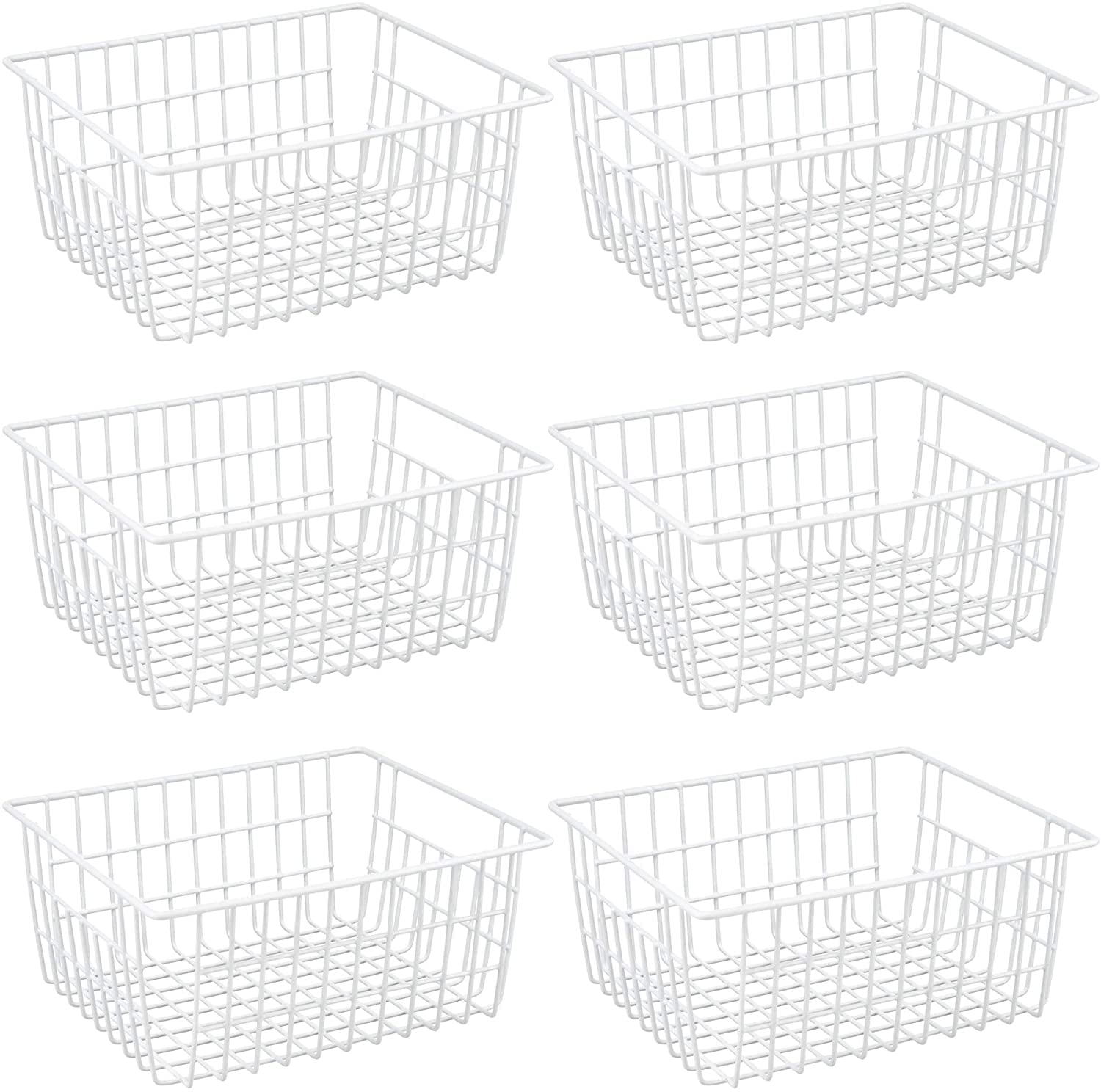 Redrubbit Wire Storage Baskets, Large Farmhouse Metal Freezer Basket Storage Organizer Bins with Handles for Kitchen Cabinets, Pantry, Closets, Bedrooms, Bathrooms, Set of 6, White