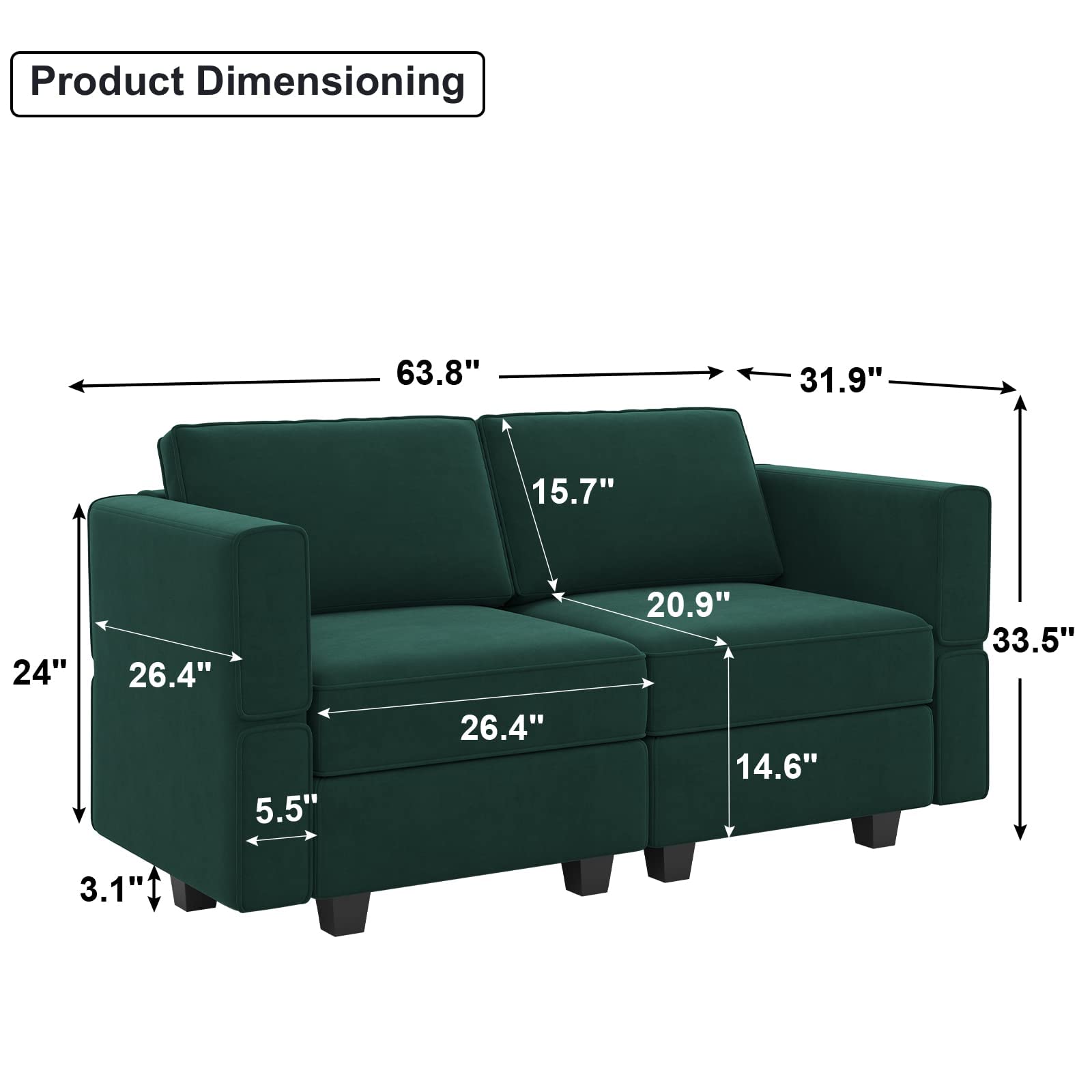 Belffin Modular Loveseat Sofa Couch with Storage Seats Velvet 2 Seater Love Seats for Small Spaces Green