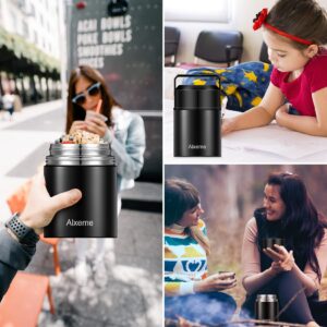 Alxeme Food Jar Vacuum Insulated Lunch Container Wide Mouth Bento Box with Leak Proof Cap 27OZ Stainless Steel Hot Food Meal Carrier with Spoon & Handle for Kids/Adult Food Flask - Black