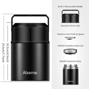 Alxeme Food Jar Vacuum Insulated Lunch Container Wide Mouth Bento Box with Leak Proof Cap 27OZ Stainless Steel Hot Food Meal Carrier with Spoon & Handle for Kids/Adult Food Flask - Black