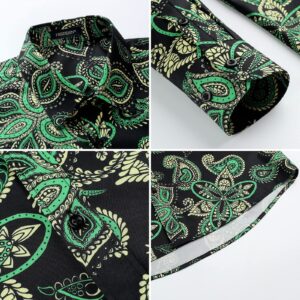 HISDERN Mens Green Paisley Floral Shirt Casual Long Sleeve Vintage Black Flowered Printed Shirts 70s Slim Fit Party Button Down Dress Shirts