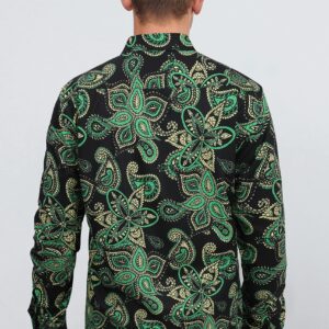 HISDERN Mens Green Paisley Floral Shirt Casual Long Sleeve Vintage Black Flowered Printed Shirts 70s Slim Fit Party Button Down Dress Shirts