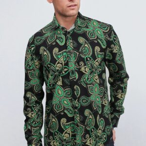 HISDERN Mens Green Paisley Floral Shirt Casual Long Sleeve Vintage Black Flowered Printed Shirts 70s Slim Fit Party Button Down Dress Shirts