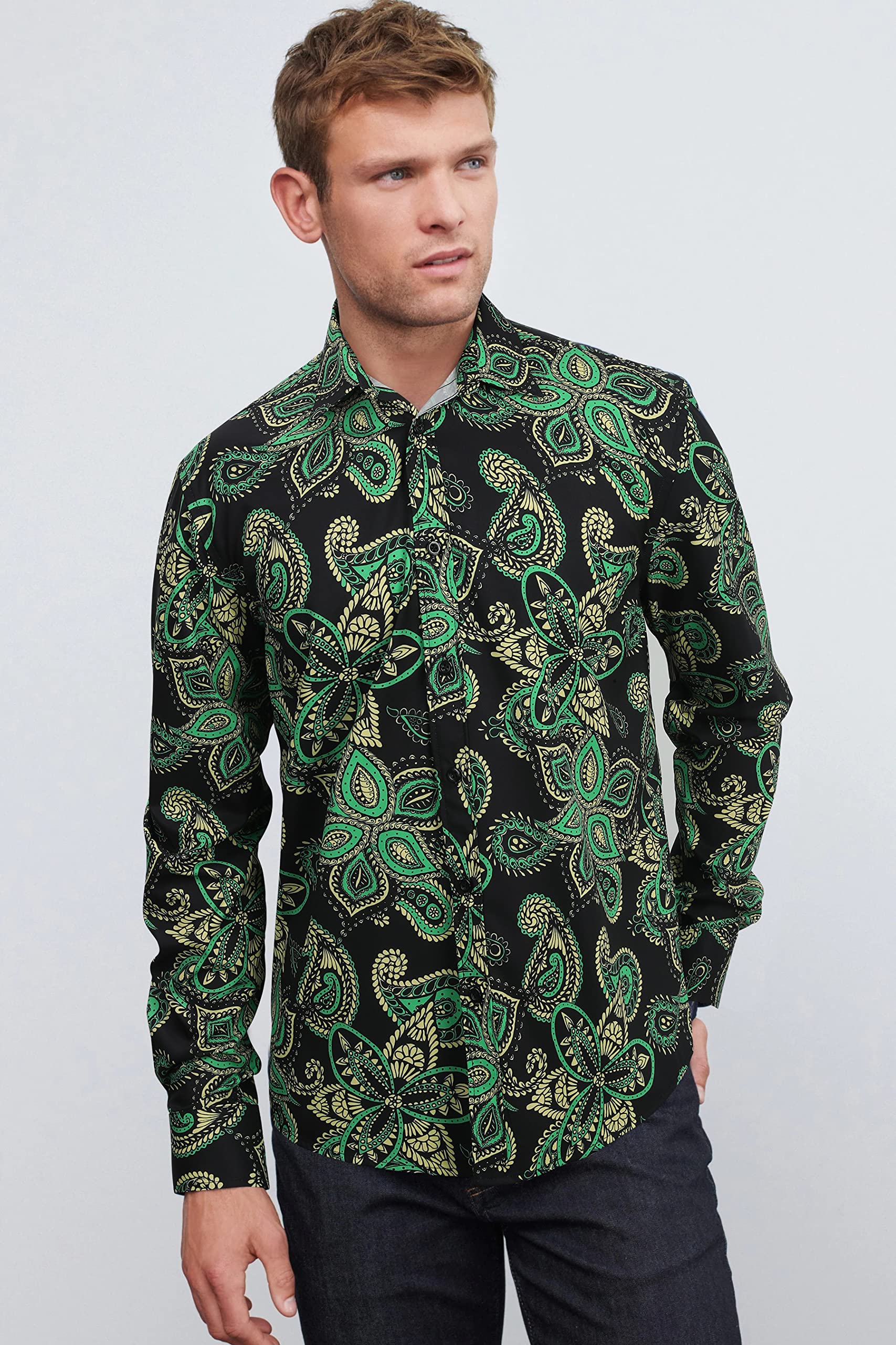 HISDERN Mens Green Paisley Floral Shirt Casual Long Sleeve Vintage Black Flowered Printed Shirts 70s Slim Fit Party Button Down Dress Shirts