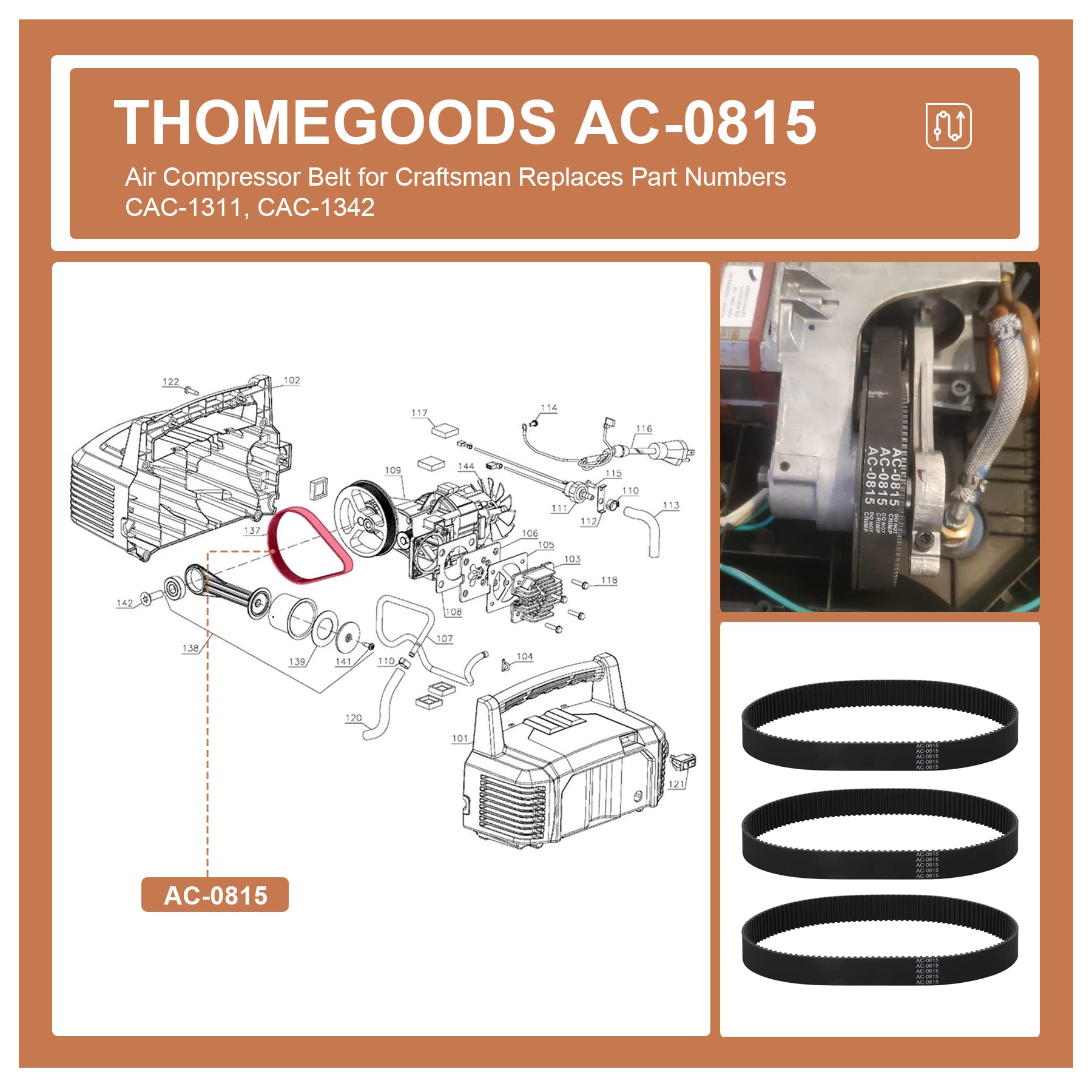 Redparts 3 Pack AC-0815 Air Compressor Belt for Dewalt Devilbiss Porter Cable Makita Sears Craftsman CAC-1311 CAC-1342