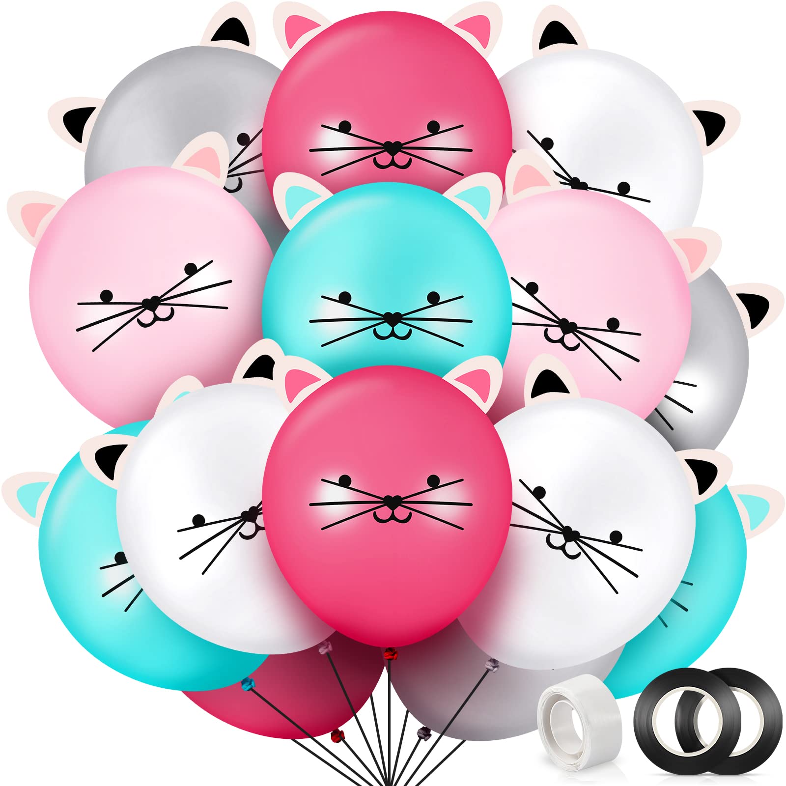 50 Pieces 12 Inch Kitty Party Latex Balloons DIY Cat Balloons Animal Cat Balloons for Birthday Party Cute Cat Balloons with Ears Cat Kids Party Balloons for Girls Cat Birthday Party Supplies, 5 Colors