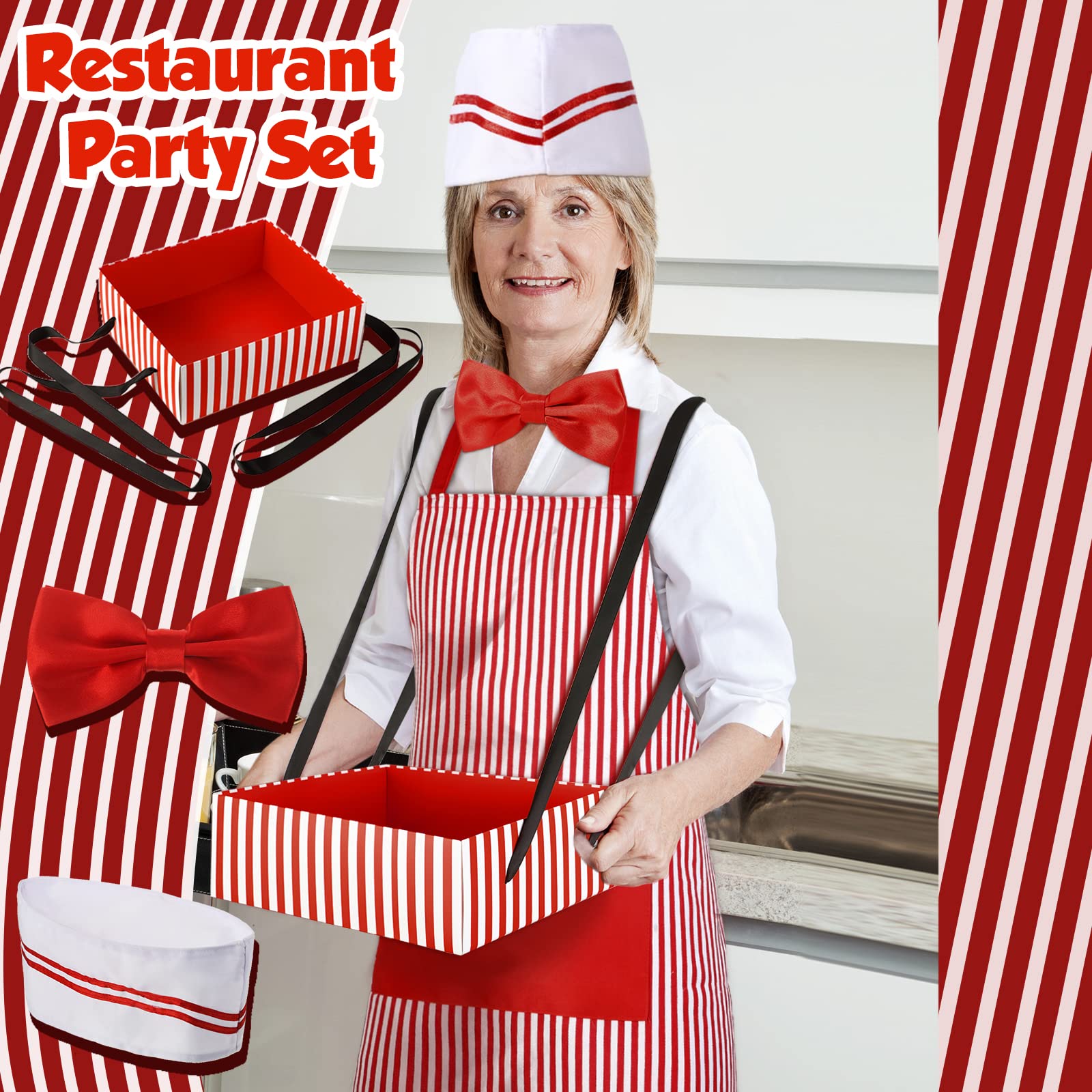 SATINIOR 4 Pcs Adult Waiter Costume Kits Hot Dog Soda Jerk Movie Night Waiter Cosplay Costume 50s Carnivals Circus Party(Red and White Stripe)