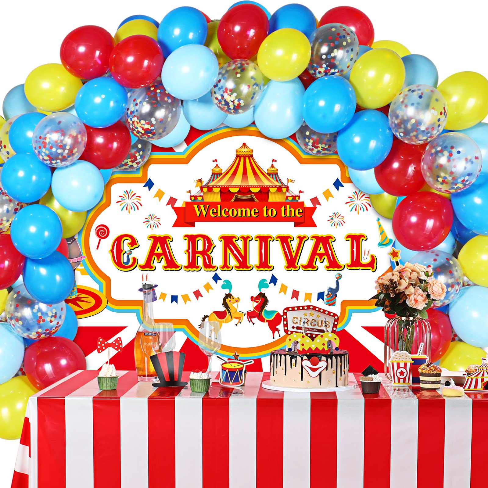 Circus Carnival Party Decoration Including Circus Confetti Balloons Kit Carnival Photography Backdrop Banner Carnival Party Tablecloths for Kids Boys Girls Birthday Party Decorations Supplies