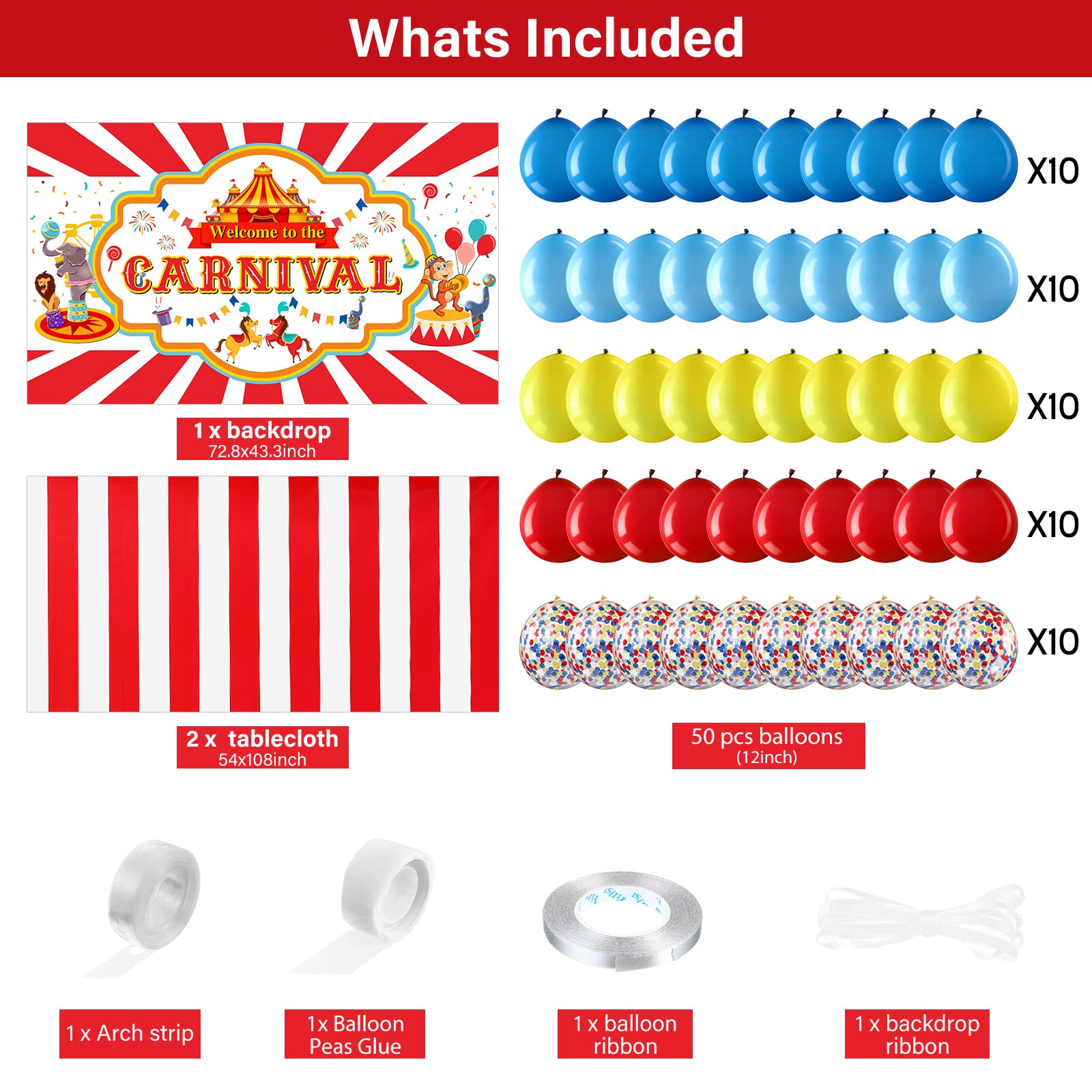 Circus Carnival Party Decoration Including Circus Confetti Balloons Kit Carnival Photography Backdrop Banner Carnival Party Tablecloths for Kids Boys Girls Birthday Party Decorations Supplies