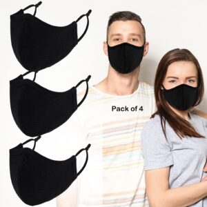 Cloth Face Mask Breathable 3-Ply Adjustable Ear Loops, Washable Reusable Cotton Black Sport Masks for Unisex Adult (Pack of 4) (L-Black-for Most Women Men)