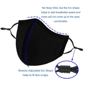 Cloth Face Mask Breathable 3-Ply Adjustable Ear Loops, Washable Reusable Cotton Black Sport Masks for Unisex Adult (Pack of 4) (L-Black-for Most Women Men)