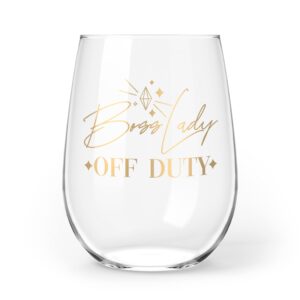 loco llama boss lady off duty stemless wine glass | 17oz tumbler with inspirational quote | embellished with real gold | self care gift for working women, entrepreneurs & business owners