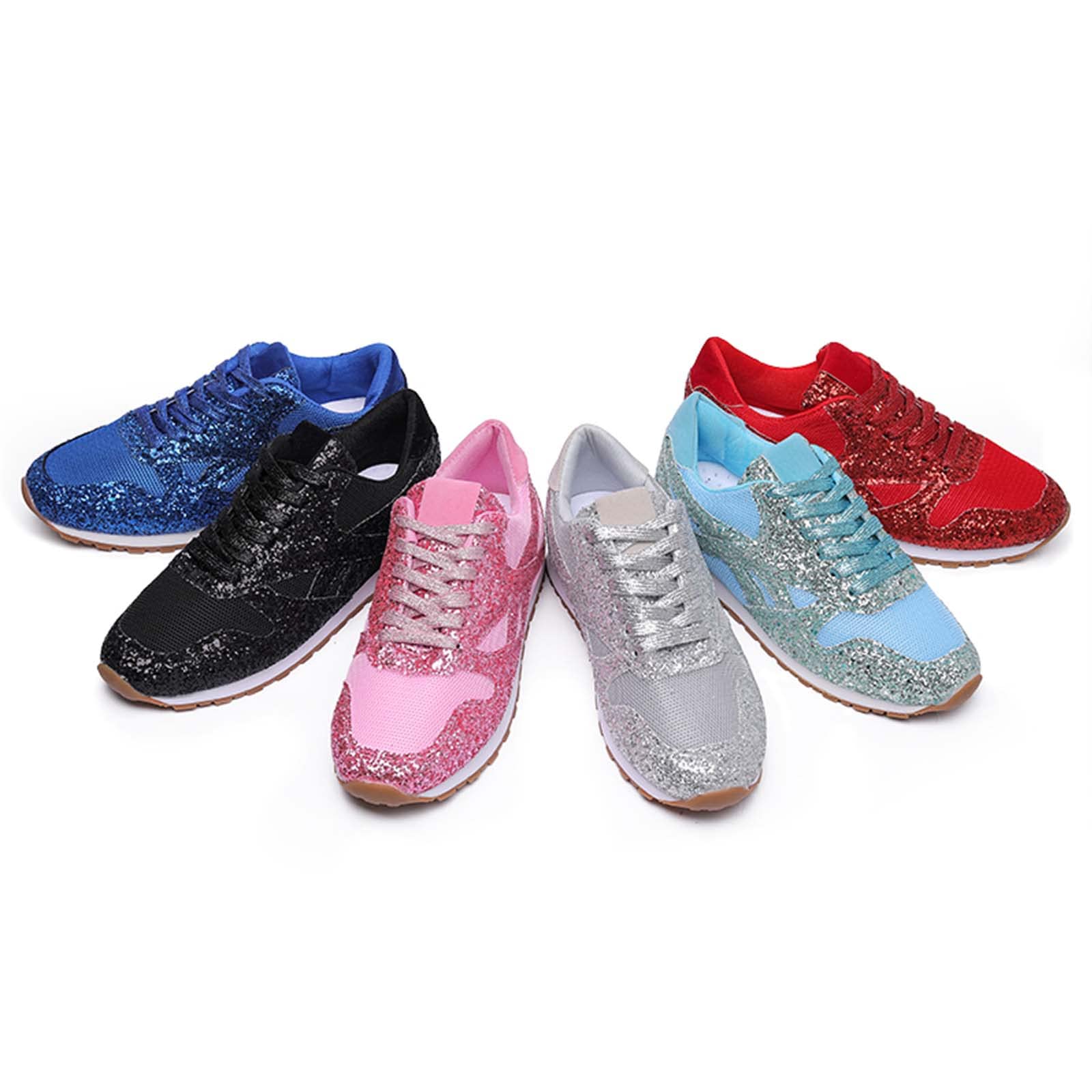 Womens Glitter Sneakers Lace up Girls Sparkly Fashion Sneakers Outdoor Flats Breathable Lightweight Sparkly Metallic Sequins Casual Sparkle Round Toe Flatform Walking Shoes Tennis Shoes Royal Blue 38