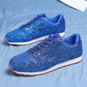 Womens Glitter Sneakers Lace up Girls Sparkly Fashion Sneakers Outdoor Flats Breathable Lightweight Sparkly Metallic Sequins Casual Sparkle Round Toe Flatform Walking Shoes Tennis Shoes Royal Blue 38