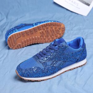 Womens Glitter Sneakers Lace up Girls Sparkly Fashion Sneakers Outdoor Flats Breathable Lightweight Sparkly Metallic Sequins Casual Sparkle Round Toe Flatform Walking Shoes Tennis Shoes Royal Blue 38