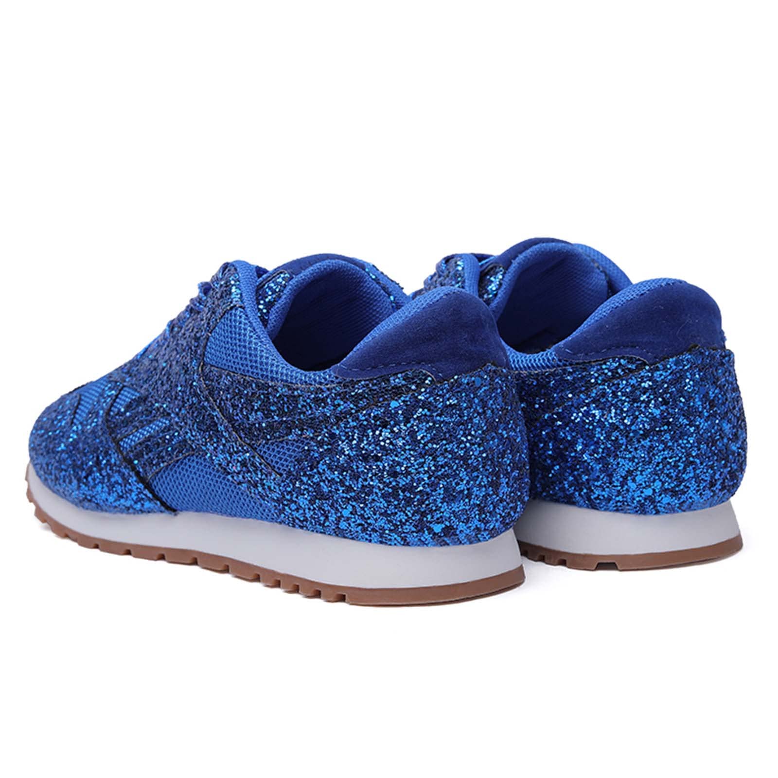 Womens Glitter Sneakers Lace up Girls Sparkly Fashion Sneakers Outdoor Flats Breathable Lightweight Sparkly Metallic Sequins Casual Sparkle Round Toe Flatform Walking Shoes Tennis Shoes Royal Blue 38