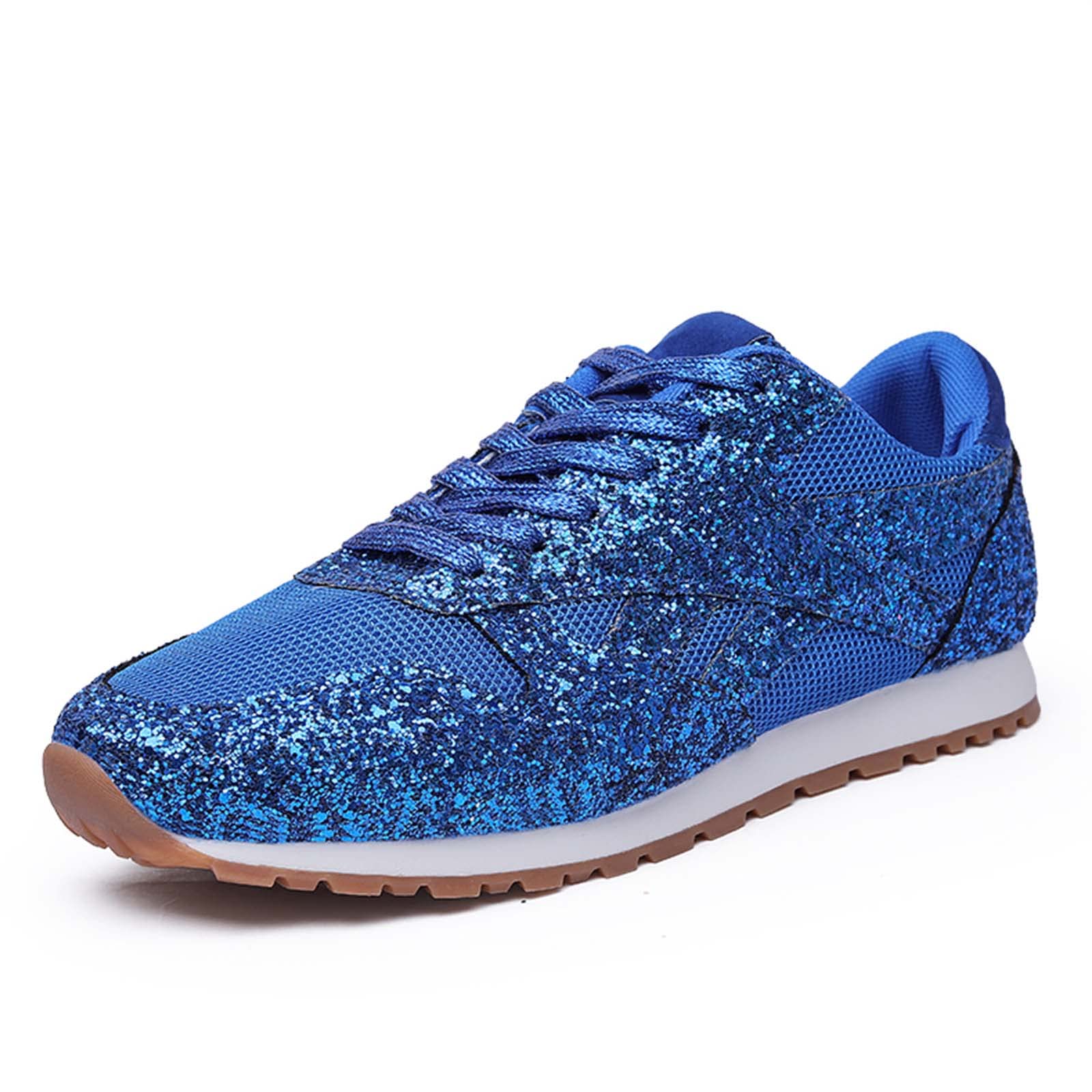 Womens Glitter Sneakers Lace up Girls Sparkly Fashion Sneakers Outdoor Flats Breathable Lightweight Sparkly Metallic Sequins Casual Sparkle Round Toe Flatform Walking Shoes Tennis Shoes Royal Blue 38