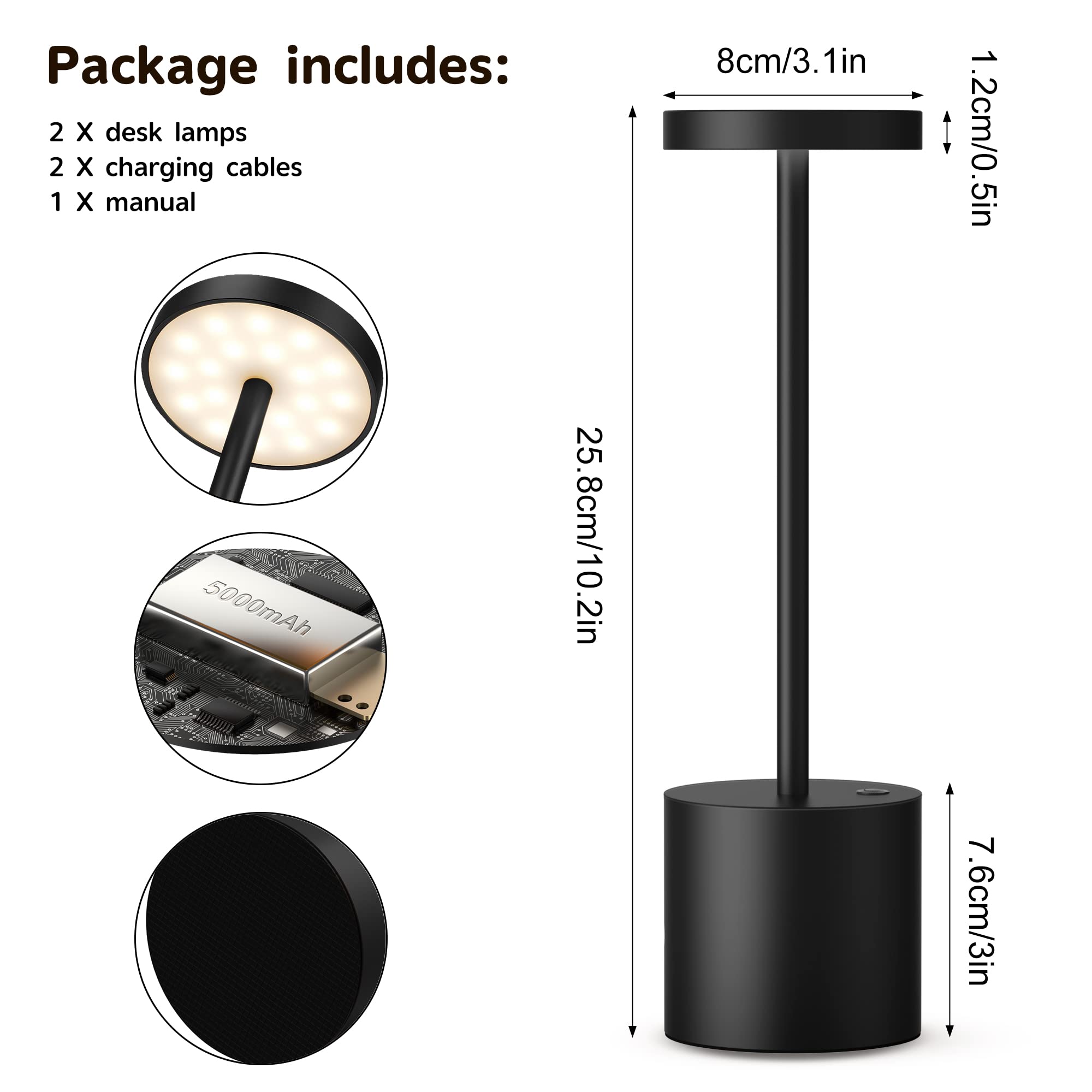 YIBEN Cordless Table Lamp, Rechargeable LED Battery 5000mAh Metal USB Portable Powered Desk Lamp, 3 Levels Brightness Light for Restaurants Outdoor (10.25in Black)