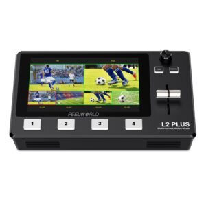 feelworld l2 plus multi camera video mixer switcher with 5.5 inch lcd touch screen ptz controller chroma key 4 hdmi inputs usb3.0 output format real time production live streaming built in cooler