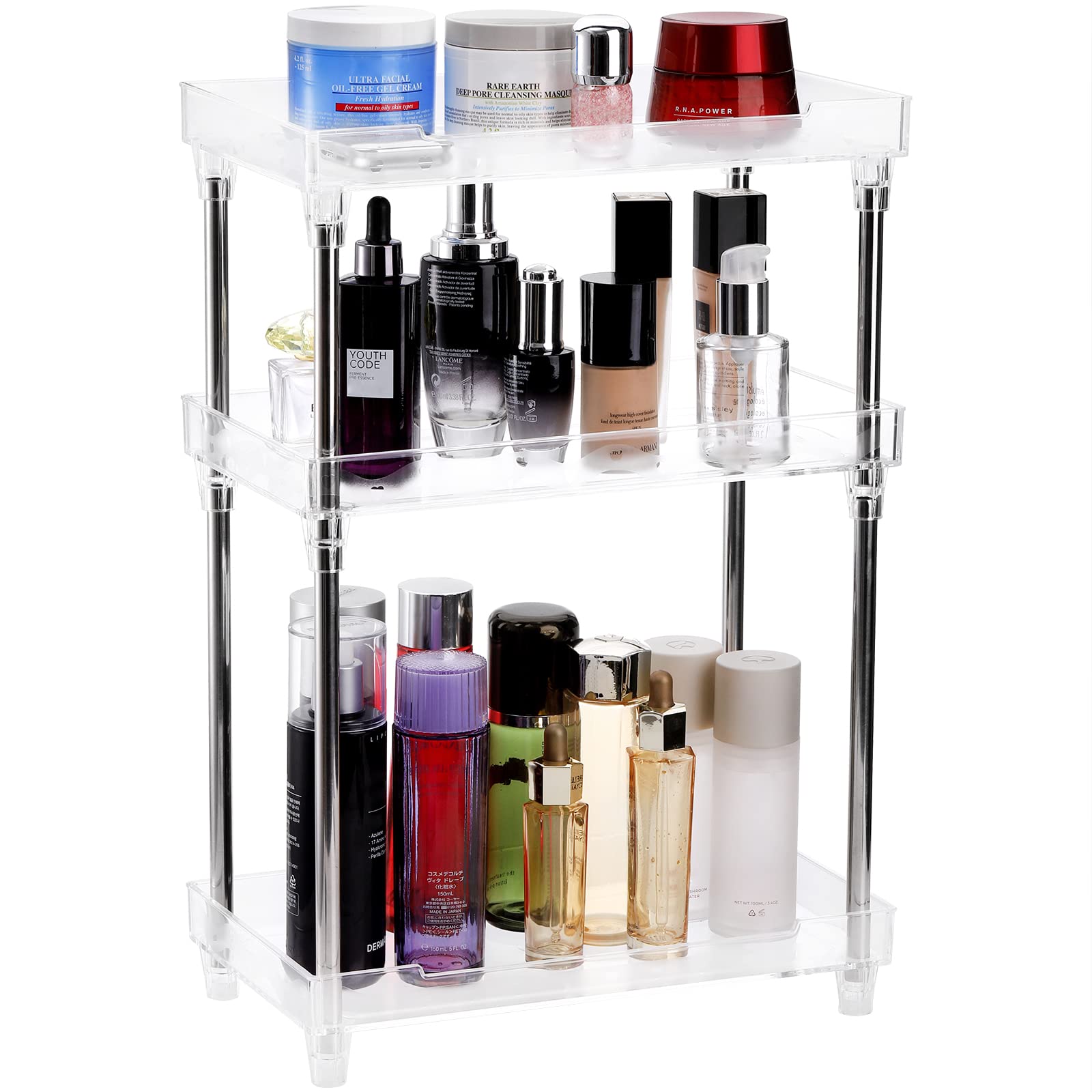 WUWEOT Bathroom Organizer Countertop, 3 Tier Acrylic Vanity Tray Makeup Cosmetic Perfume Storage Shelf, Kitchen Spice Rack Standing Shelf