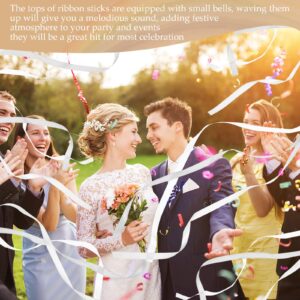 100 Pieces Lace Ribbon Wedding Wand Sticks Colorful Ribbon Streamers Party Ribbon Streamers with Bells Silk Fairy Stick Wands for Wedding, Party, Holiday, Activities(White)