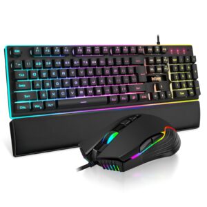 redthunder k10 wired gaming keyboard and mouse and wrist rest combo, rgb backlit, mechanical feel anti-ghosting keyboard + 7d 7200 dpi mice+soft leather wrist rest 3 in 1 pc gamer accessories(black)