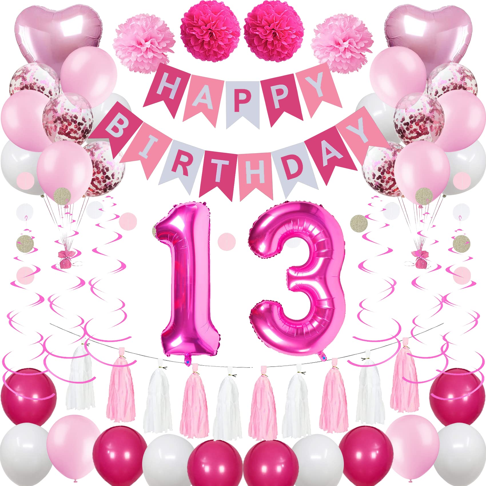 Sweet 13rd Birthday Decorations for Girls, Pink and White 13 Happy Birthday Balloons，13rd Birthday Party Supplies for Daughter Her Kids Including Pink Happy Birthday Banner, Hot Pink Number 13 Foil