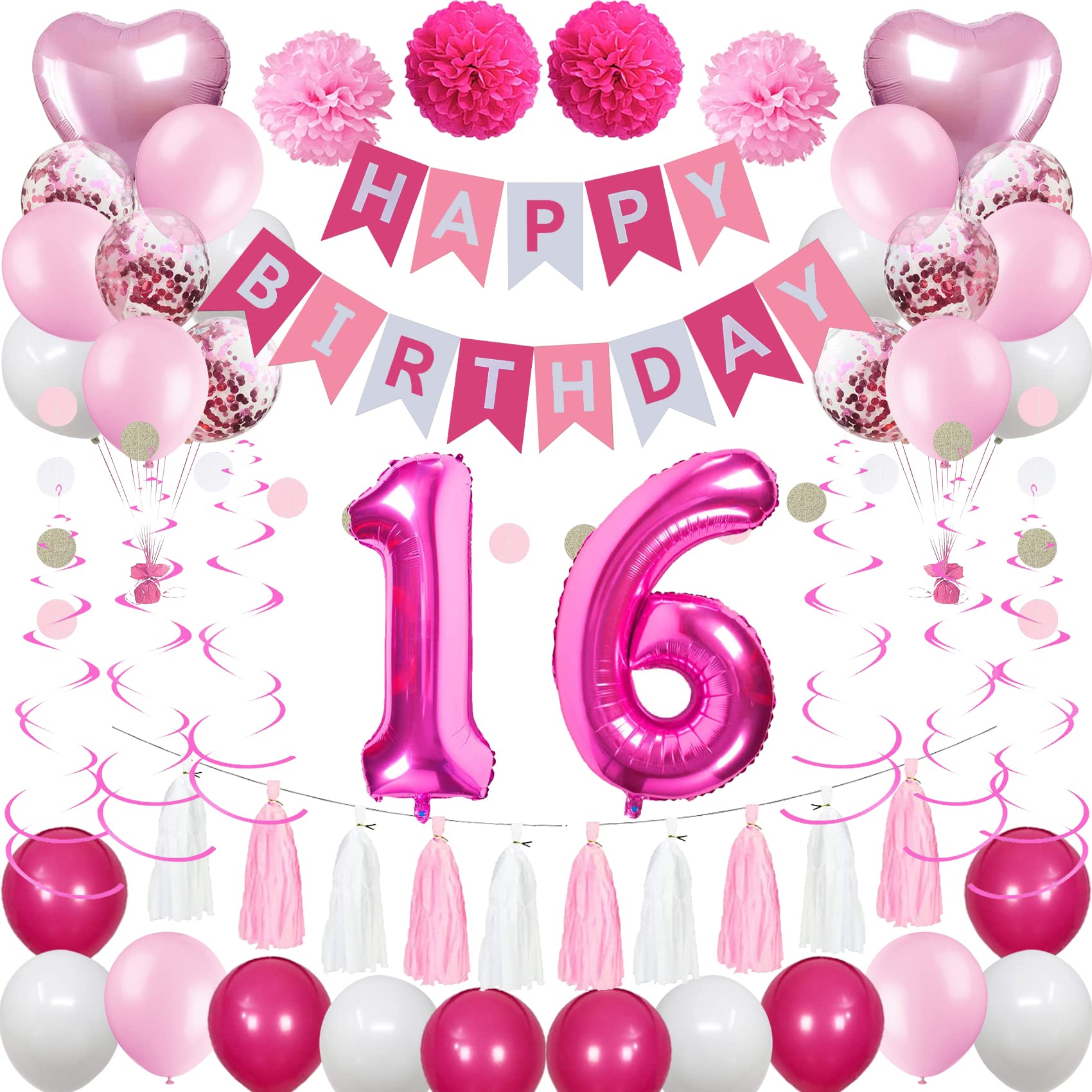 Sweet 16th Birthday Decorations for Girls, Pink and White 16 Happy Birthday Balloons，16th Birthday Party Supplies for Her Daughter Kids Including Pink Happy Birthday Banner, Hot Pink Number 16 Foil Balloons