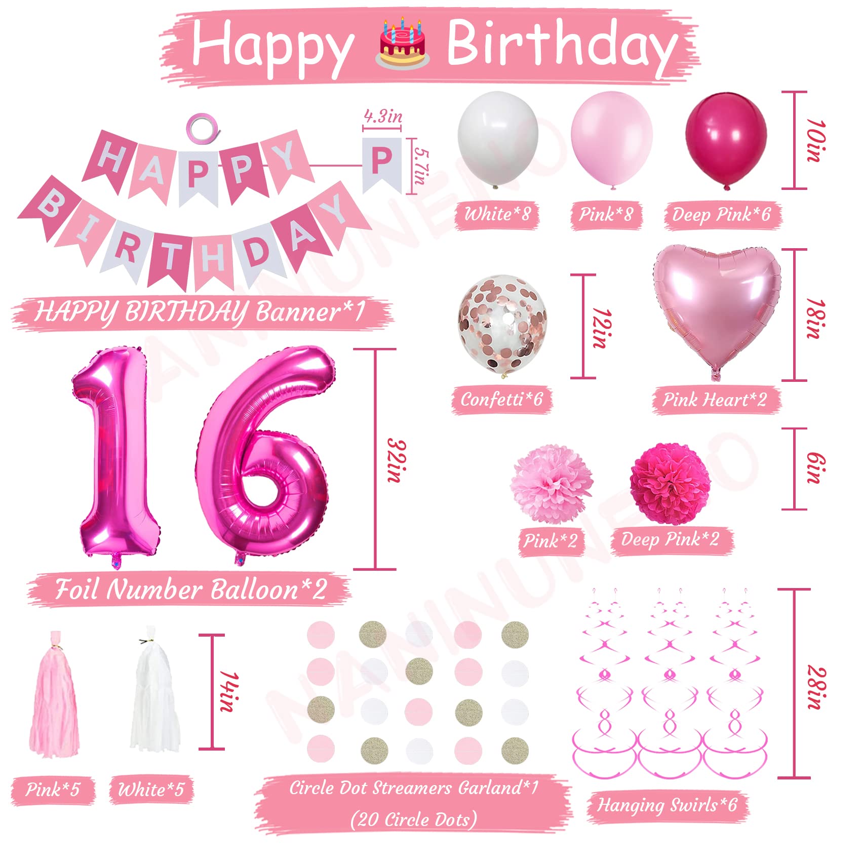 Sweet 16th Birthday Decorations for Girls, Pink and White 16 Happy Birthday Balloons，16th Birthday Party Supplies for Her Daughter Kids Including Pink Happy Birthday Banner, Hot Pink Number 16 Foil Balloons