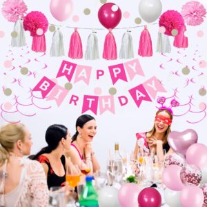 Sweet 16th Birthday Decorations for Girls, Pink and White 16 Happy Birthday Balloons，16th Birthday Party Supplies for Her Daughter Kids Including Pink Happy Birthday Banner, Hot Pink Number 16 Foil Balloons